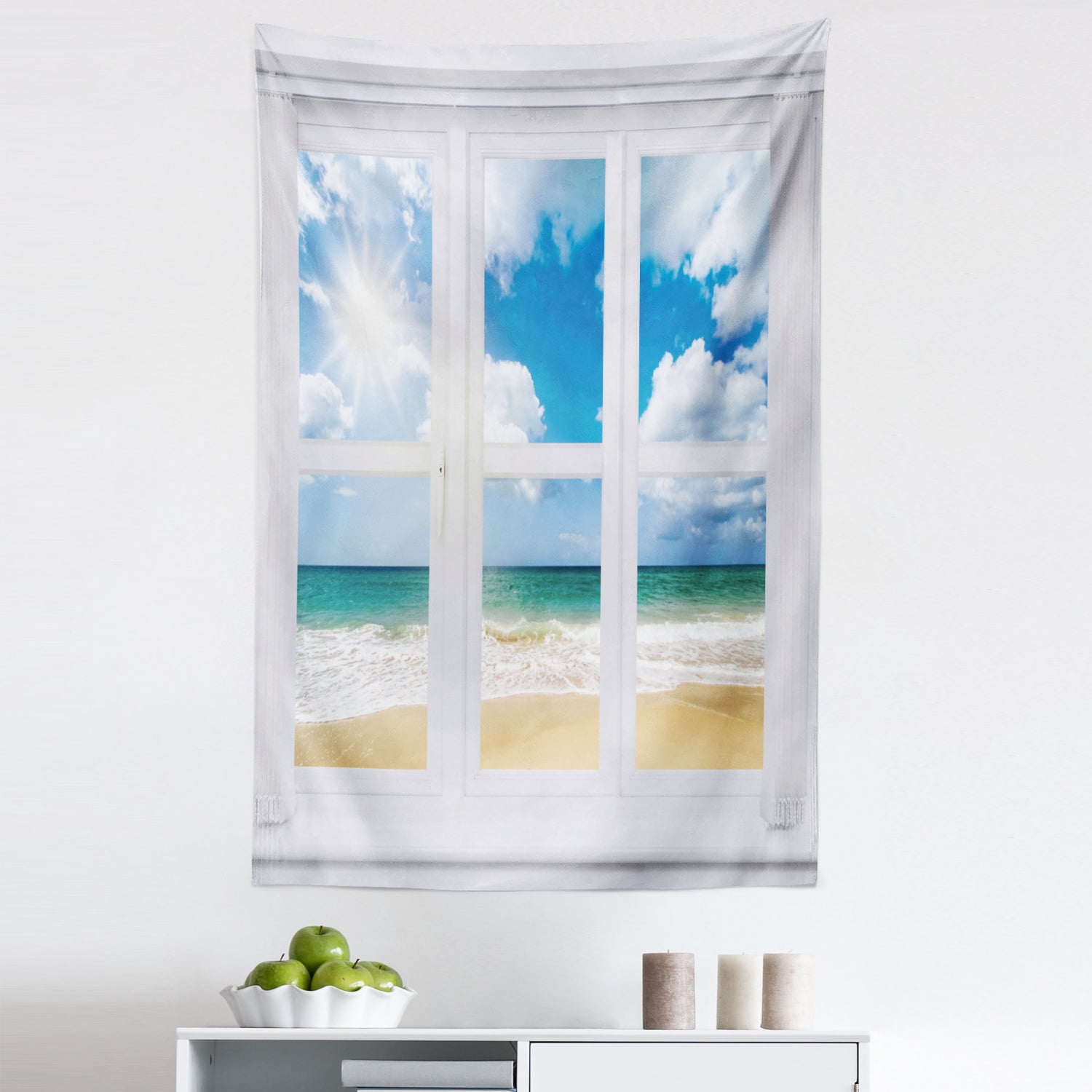 Beach Tapestry, Beach House Window Overlooking Ocean View Sunshine and ...