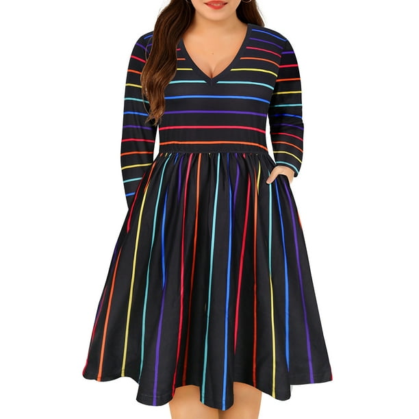 TIYOMI Plus Size Dress For Women 4X Basic V Neck Long Sleeve Rainbow ...