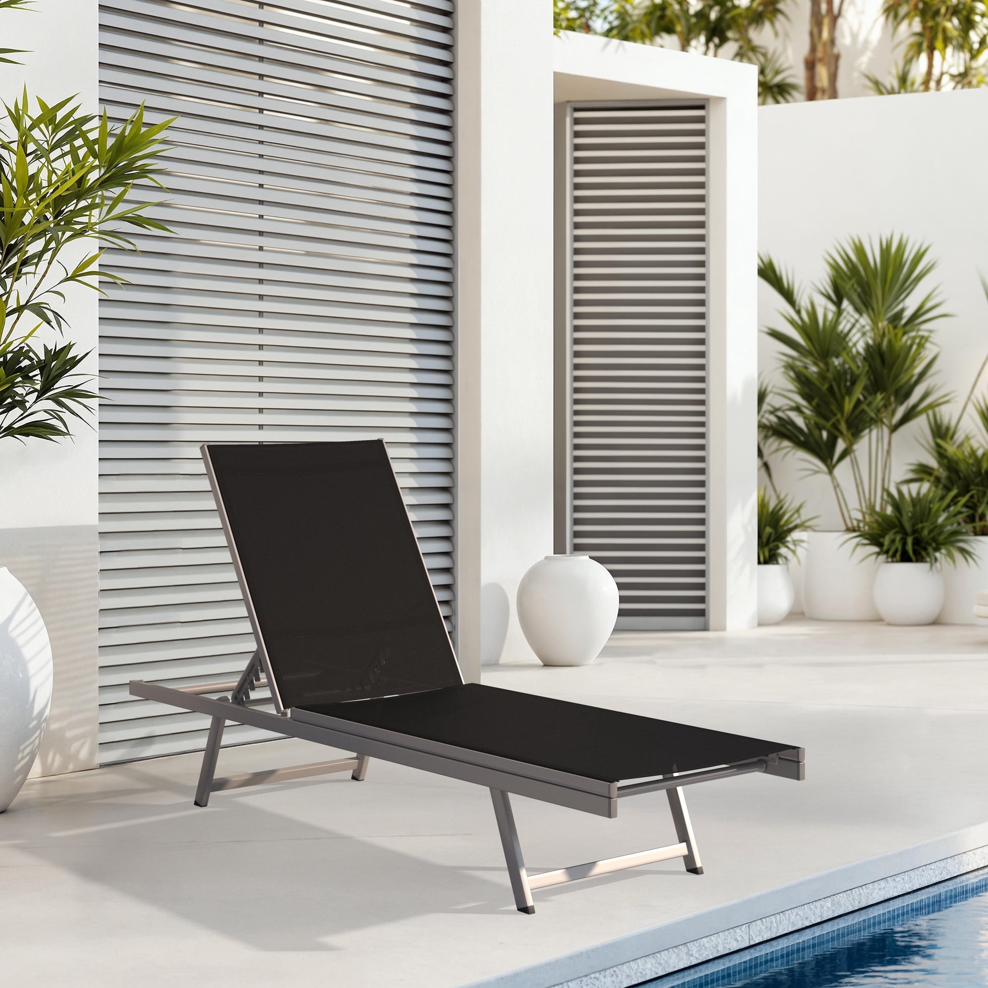 Corliving Gallant Weather Resistant Reclining Outdoor Lounge Chair With Metal Frame And Polyester Mesh Fabric  Black