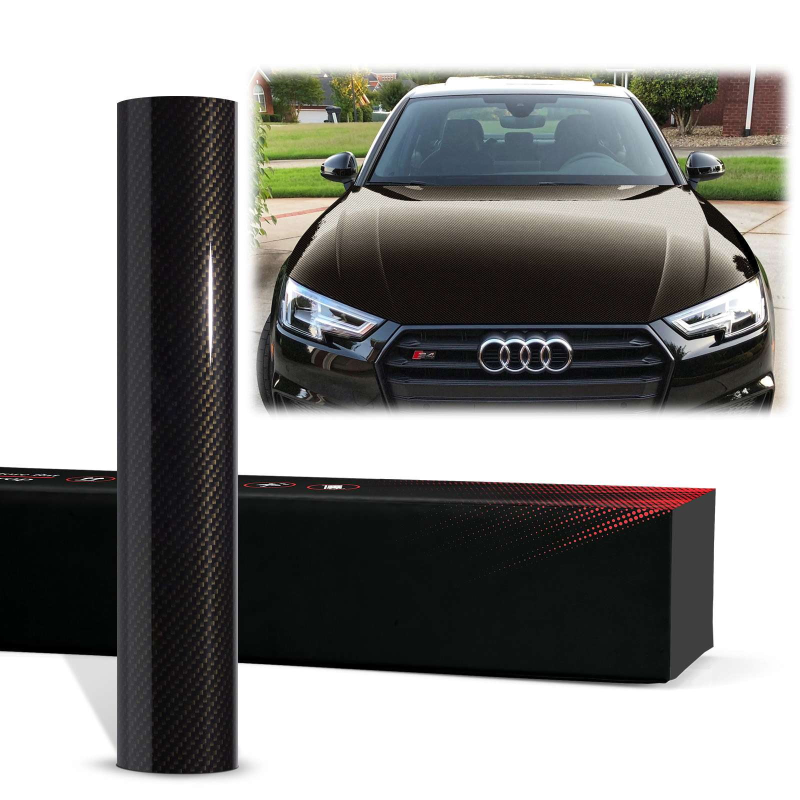 PET 3K Ceramic Carbon Fiber Textured Gloss Black Gold Vinyl Wrap Auto ...