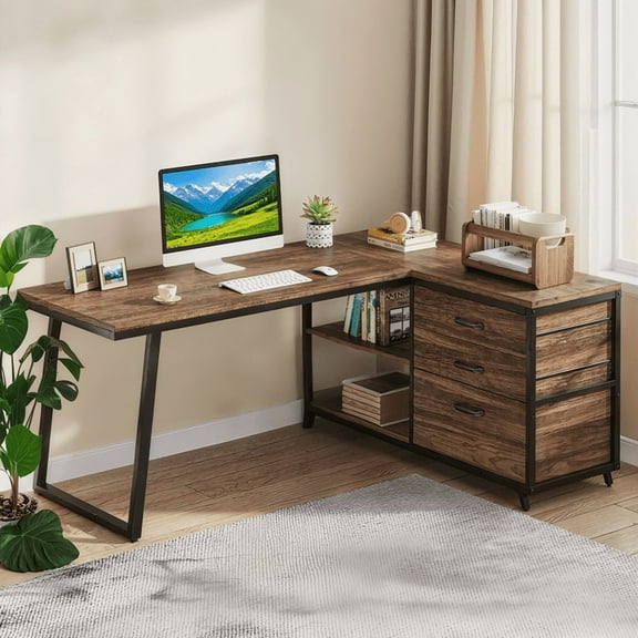 43.3" Small Computer Desk with Power Outlets and -C Port, Reversible L ...