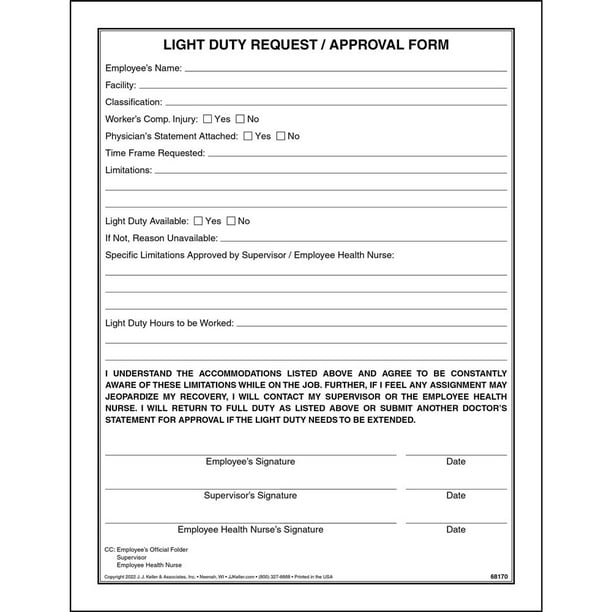 Employee’s Request for Light Duty Work Form, 8.5 x 11, 75 Pack ...