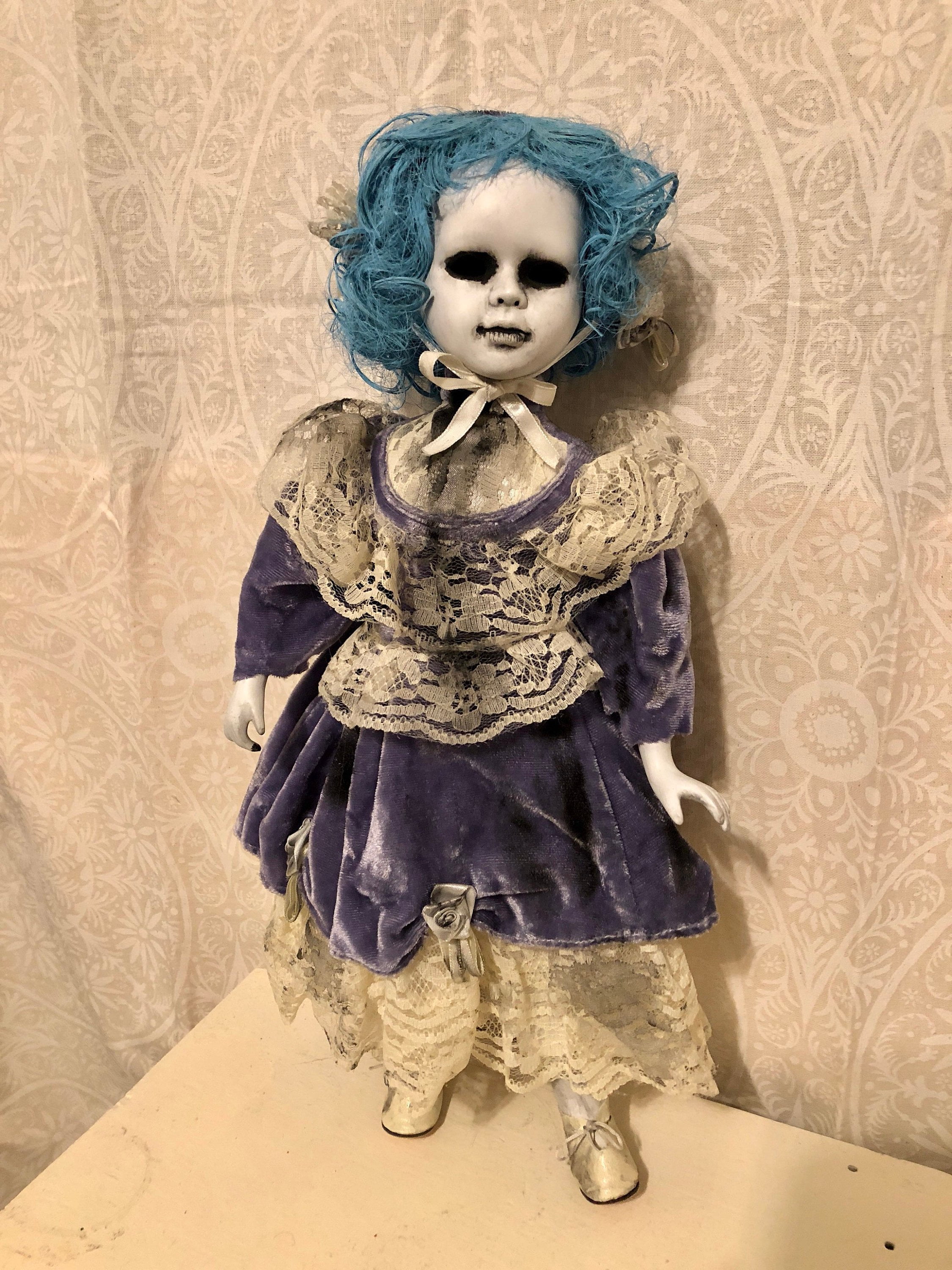 Ooak Hollow Eye Blue Hair Creepy Horror Doll Art By Christie