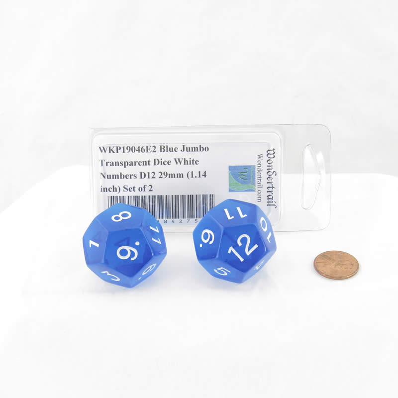 Blue Jumbo Transparent Dice with White Numbers D12 29mm (1.14 inch) Set ...