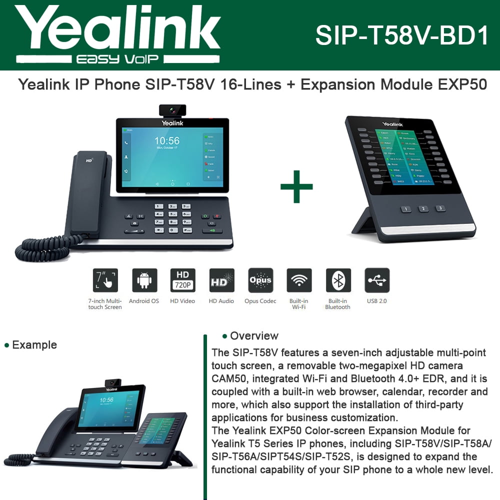 Yealink SIP-T58V IP Phone Smart Media Android 16-Lines + EXP50 ...