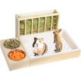 3 in 1 Bunny Litter Box with Hay Feeder and 2 Bowls - Wooden Rabbit Hay ...