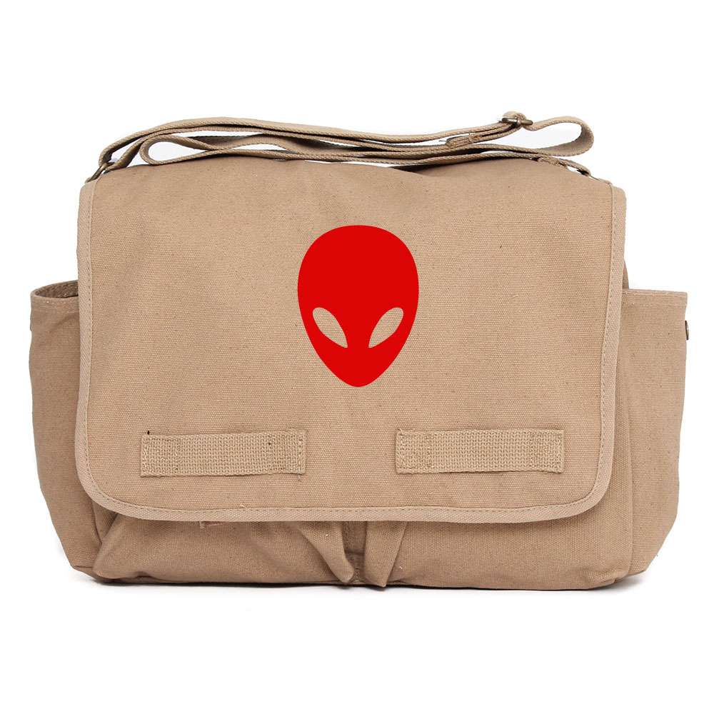 Sci-Fi Alien Head Army Canvas Messenger Shoulder Bag in Mocha & Red ...