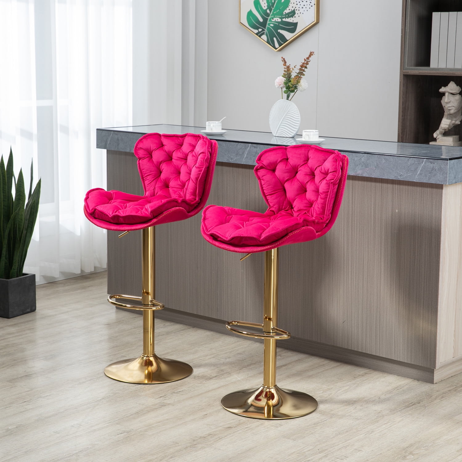 Set of 2 Bar Stools, Counter Height Bar Chairs with Round Metal Base ...