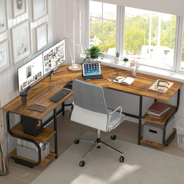 Teraves L-Shaped Computer Desk with Bookshelves, Large Corner Desk Home ...