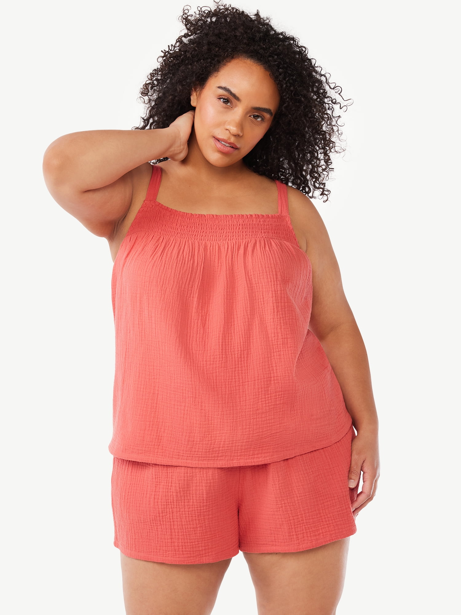 Joyspun Women's Gauze Smocked Top and Shorts Pajama Set, 2-Piece, Sizes ...