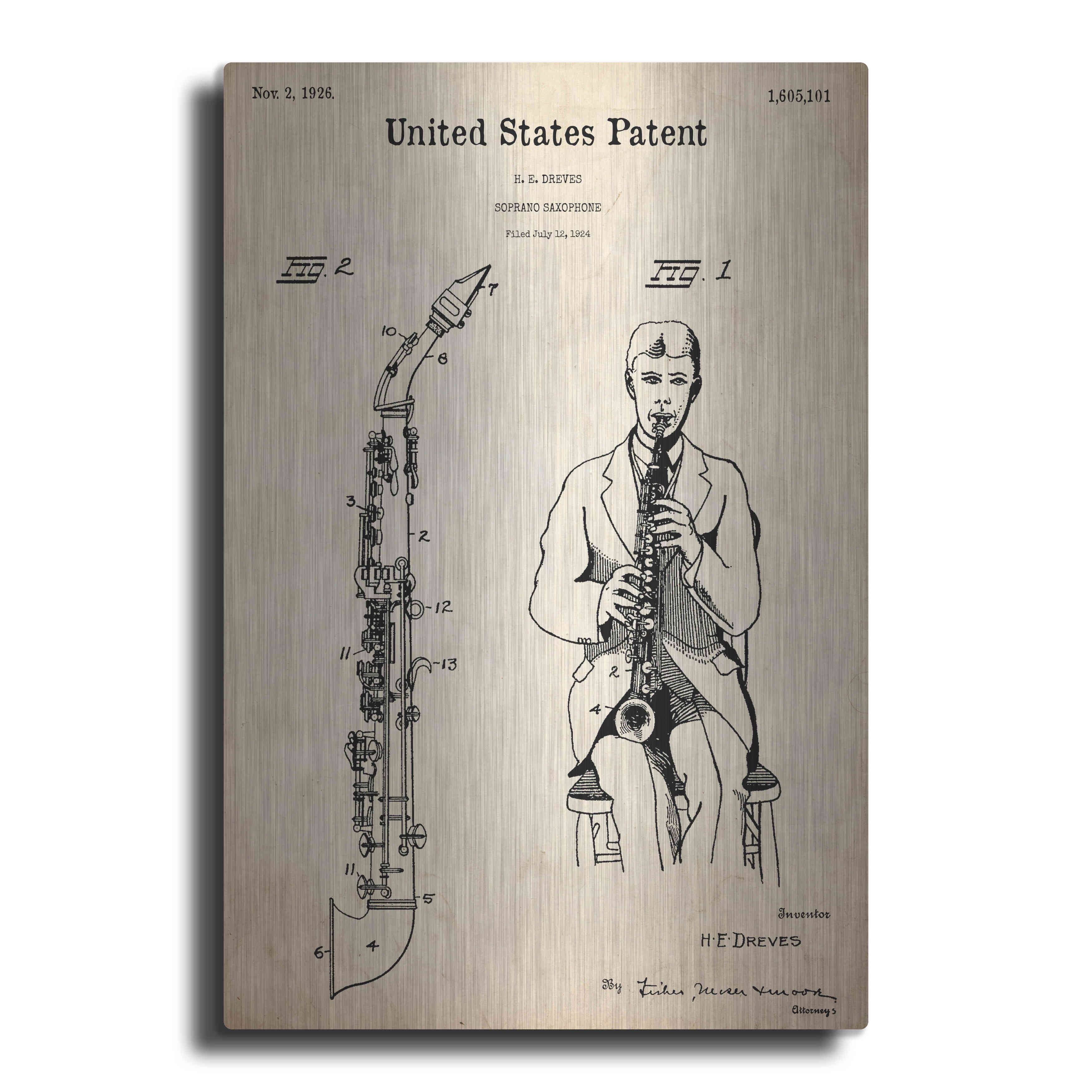 Luxe Metal Art 'Soprano Saxophone Blueprint Patent Parchment,' Metal ...