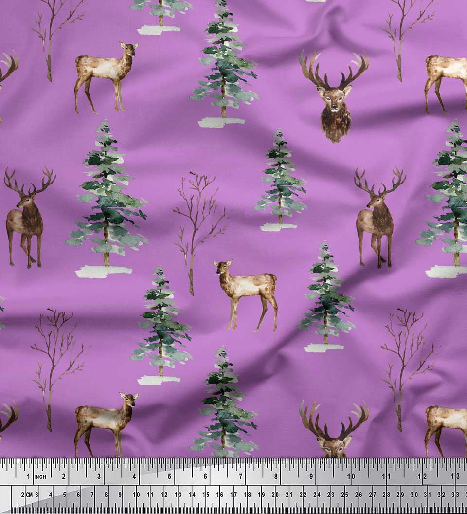 Soimoi Purple Cotton Duck Fabric Deer & Tree Watercolor Print Fabric by ...