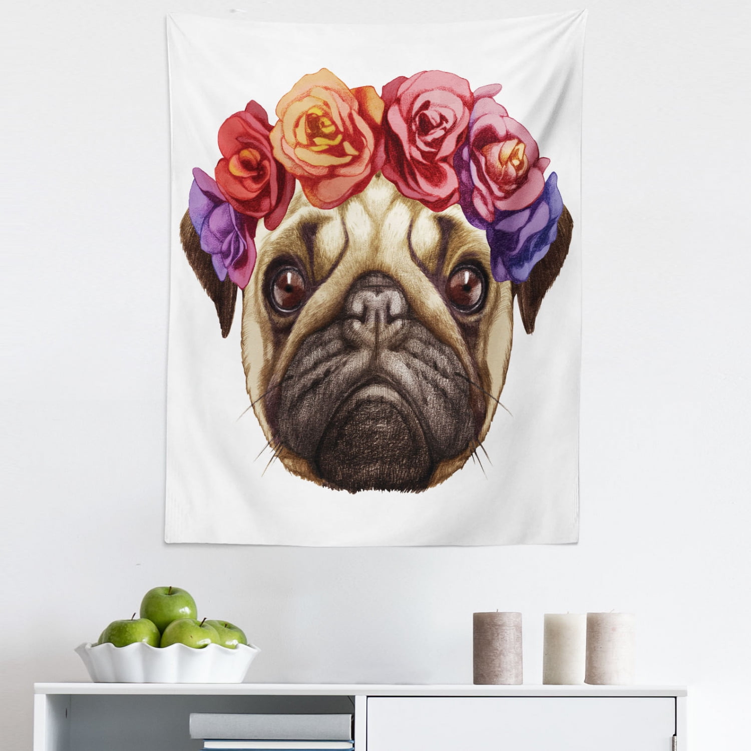 Pug Tapestry, Floral Head Wreath on Head of Pug Hand Drawn Dog Image ...