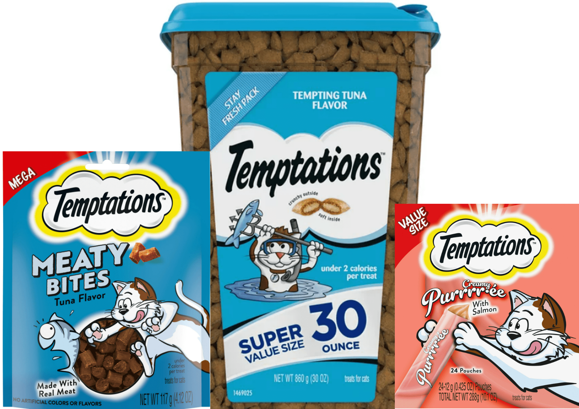 TEMPTATIONS Tuna Meaty Bites, Salmon Purees & Tuna Classic Crunchy Cat ...
