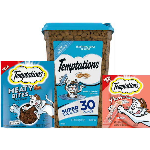 TEMPTATIONS Tuna Meaty Bites, Salmon Purees & Tuna Classic Crunchy Cat ...