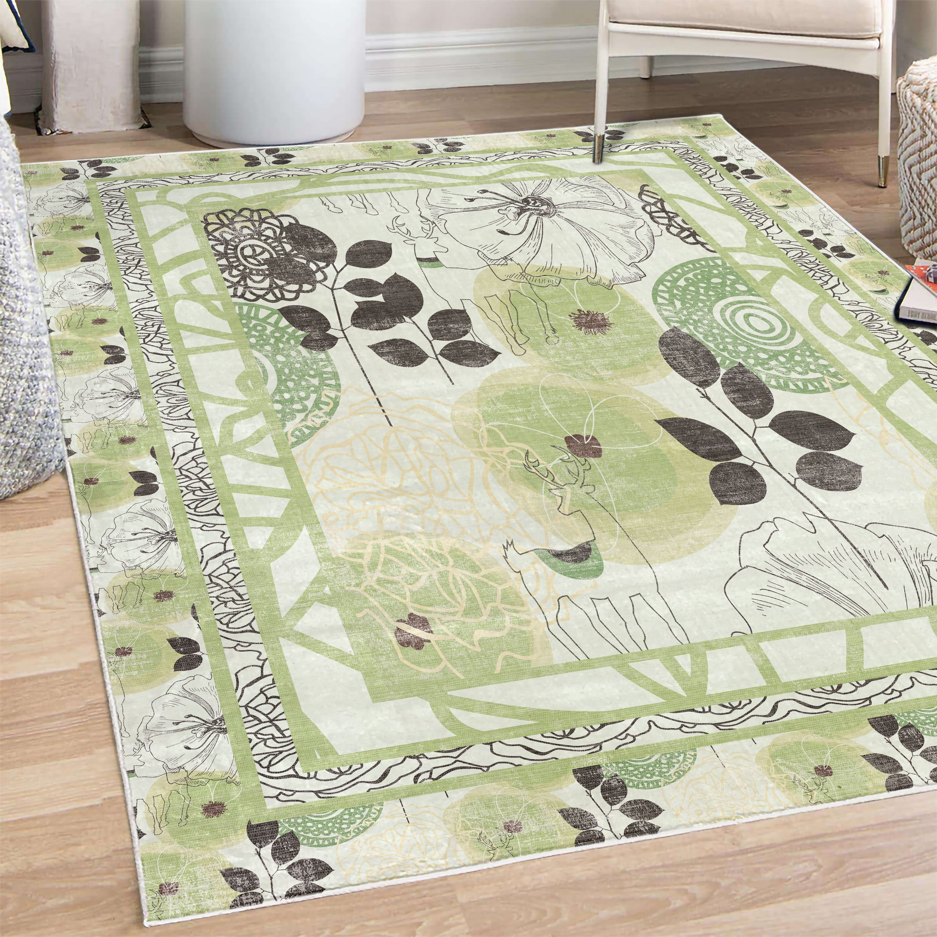 Floral Decorative Rug, Soft Toned Blossoming Poppy Flowers Leafy ...