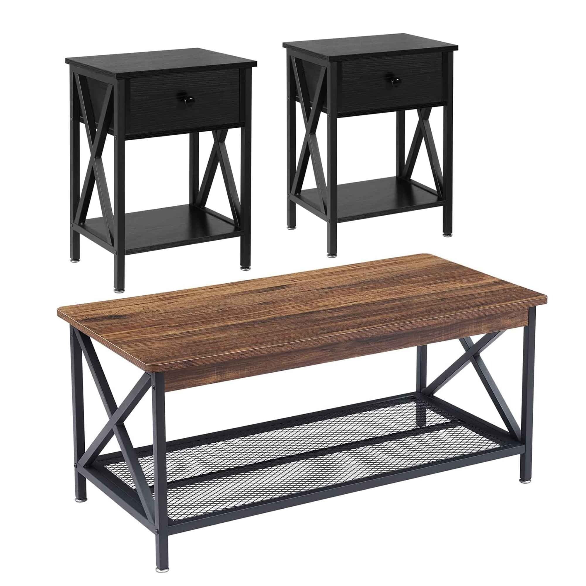 3-pieces Living Room Set, Rectangular Coffee Table and 2 Side Tables ...