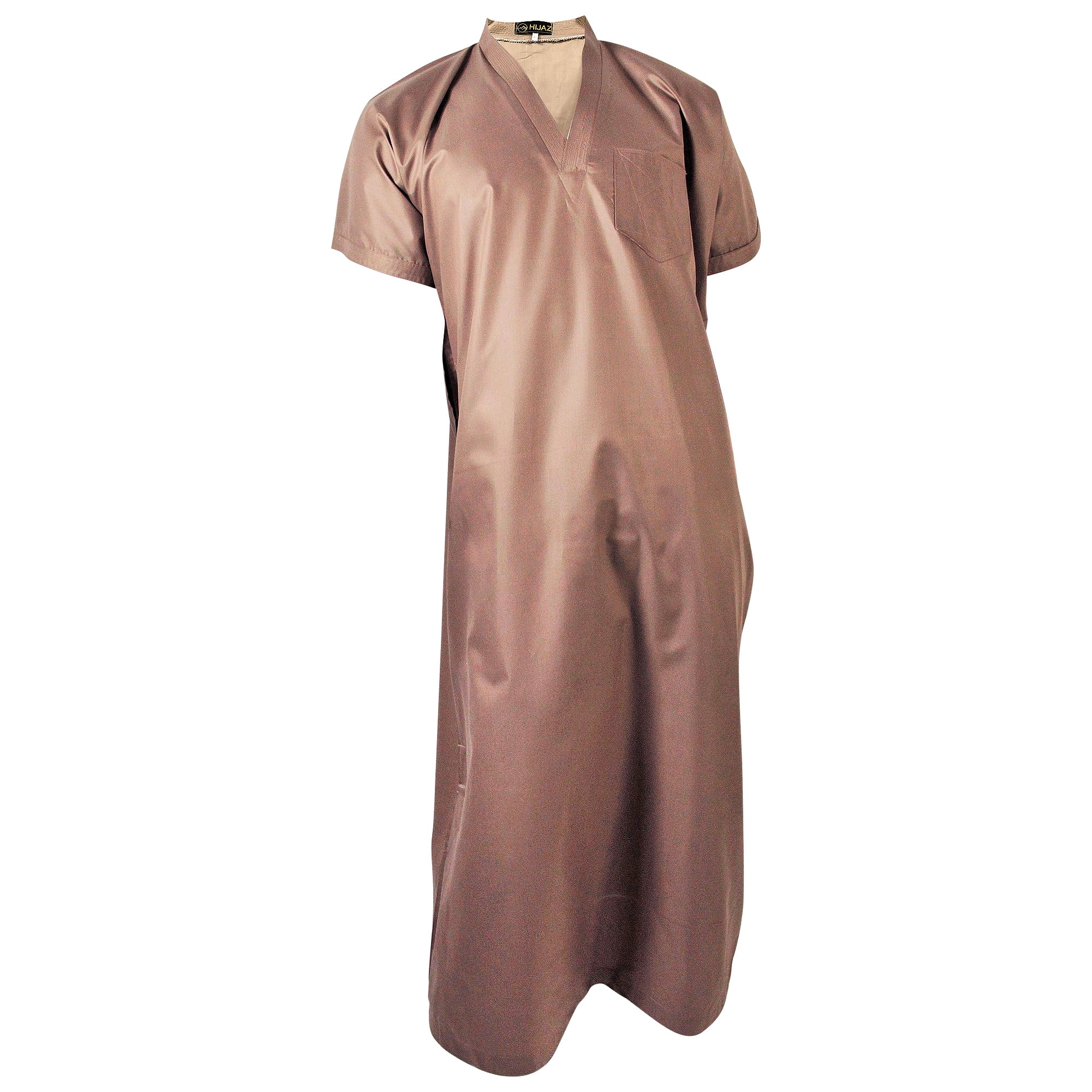 Hijaz Brown V-Neck Short Sleeve Casual Cotton Men's Thobe Arab Robe ...