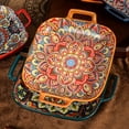 2/4 Pack Bohemian Floral Square Ceramic Tray Double Handle Plate For ...