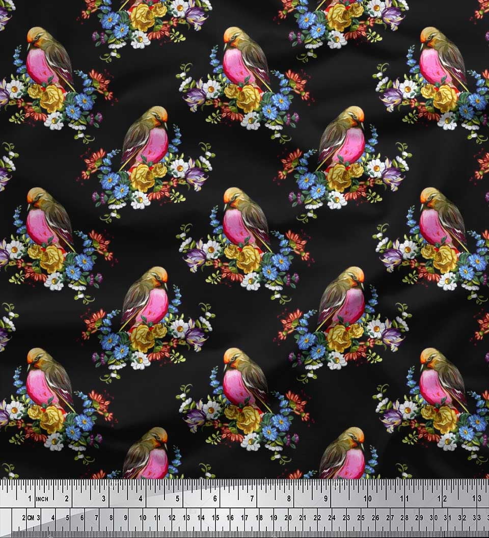 Soimoi Black Velvet Fabric Leaves,Floral & American Robin Bird Print ...