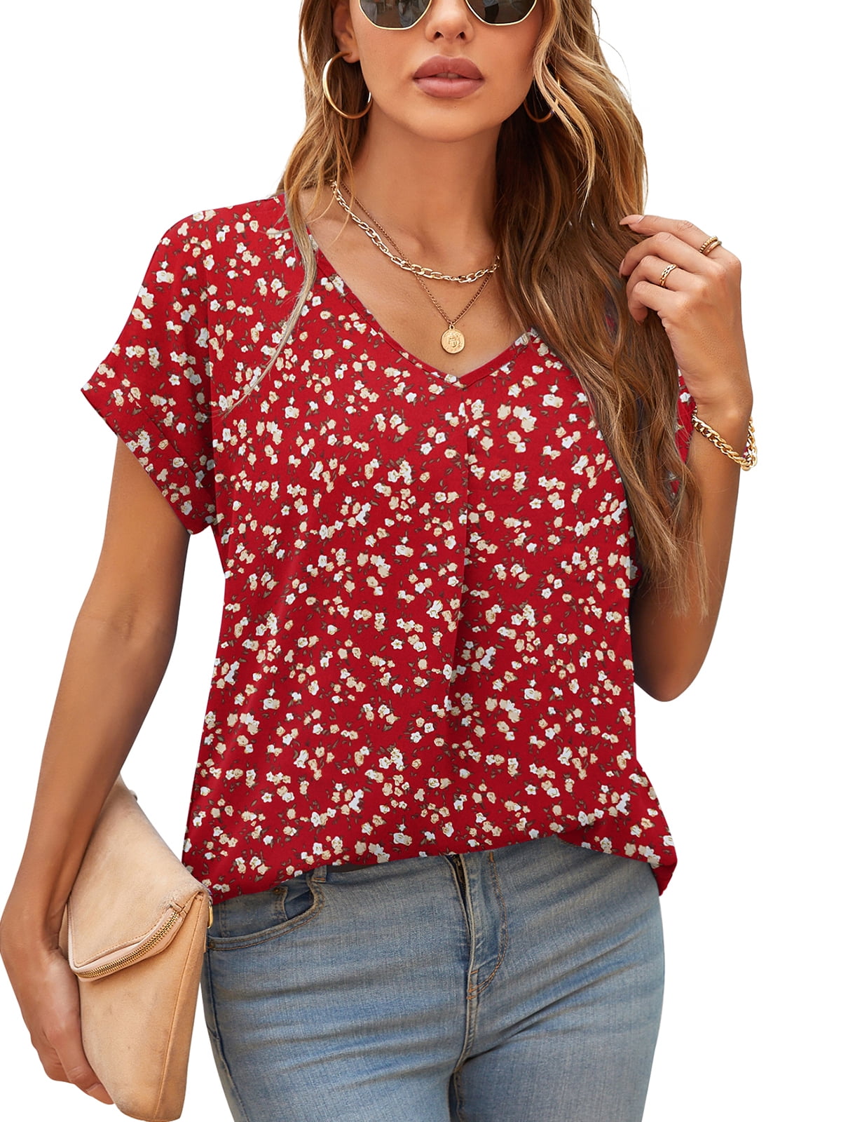 Uvplove Summer Blouses for Women Elegant Casual V Neck Chiffon Blouses ...