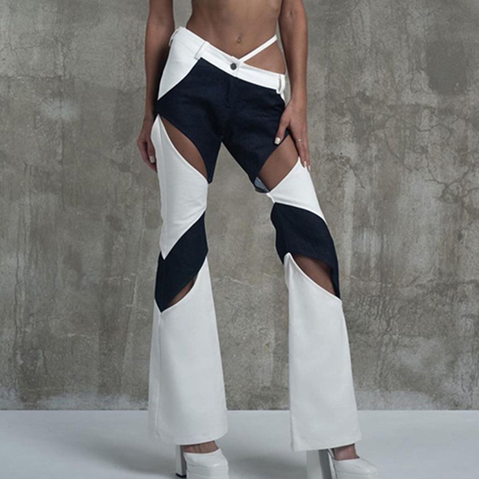 Lolmot Sexy Buckle Bottomless Pants Women Hollow Out High Waist Color ...