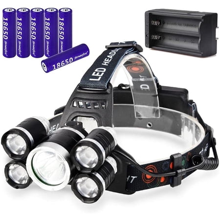 LED Headlamp Ultra Bright 5 LED Work Headlight, 6pcs 18650 Battery and ...
