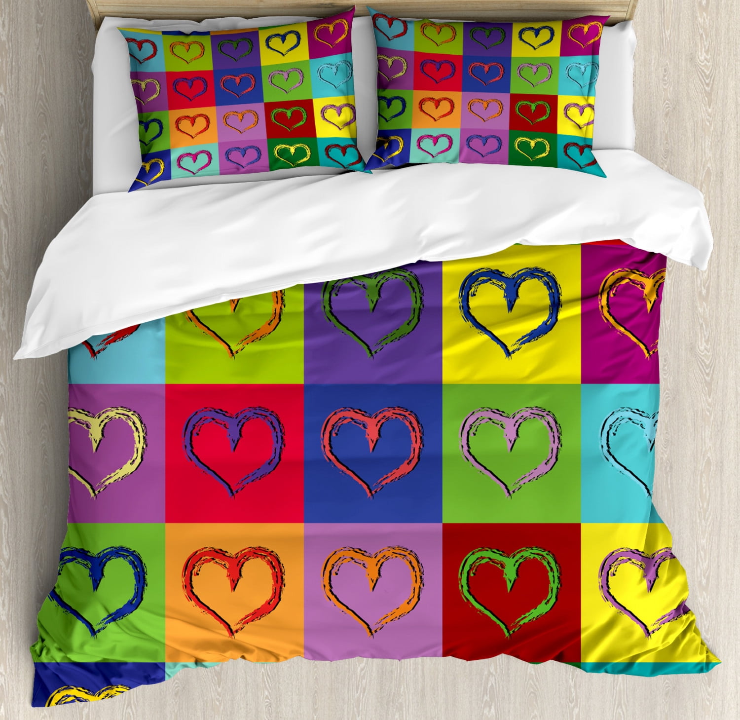 Art Duvet Cover Set King Size, Warholesque Vivid Hearts in Colorful ...