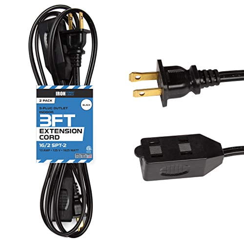 3 Ft Black Extension Cord 2 Pack - 16/2 Durable Electrical Cable ...
