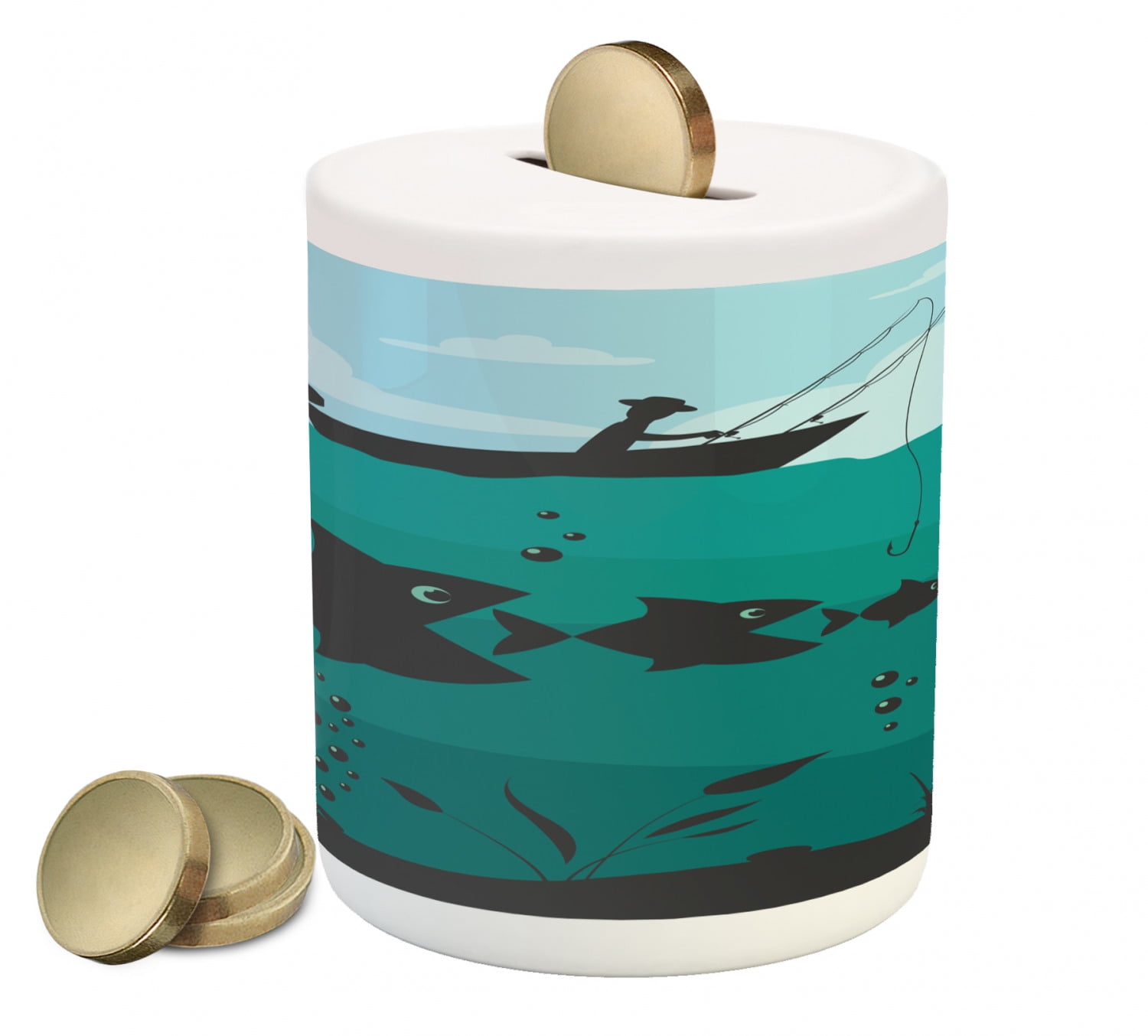 Fishing Piggy Bank, Single Man in Boat Luring Bobbins Nautical Marine ...