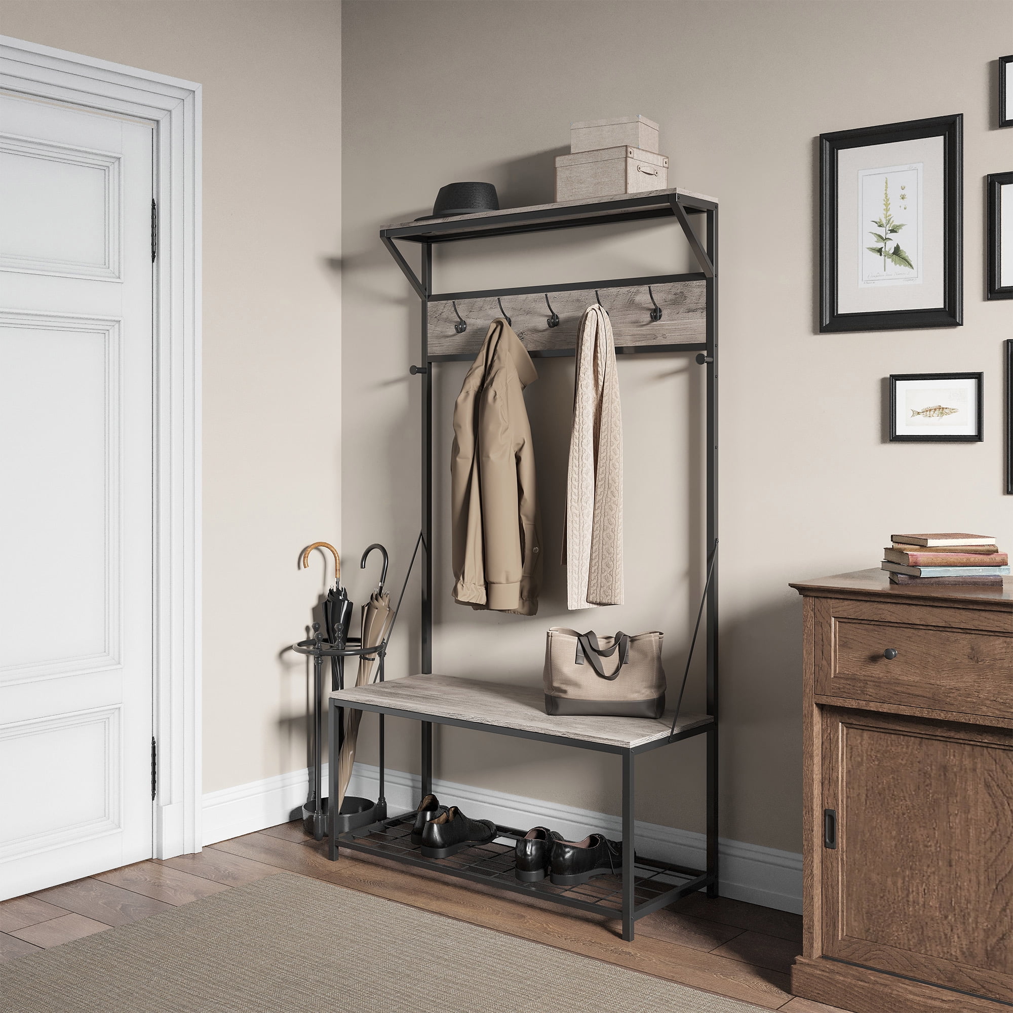 BELLEZE Entryway Hall Tree Coat Rack and Shoe Bench - Lexie (Gray Wash ...