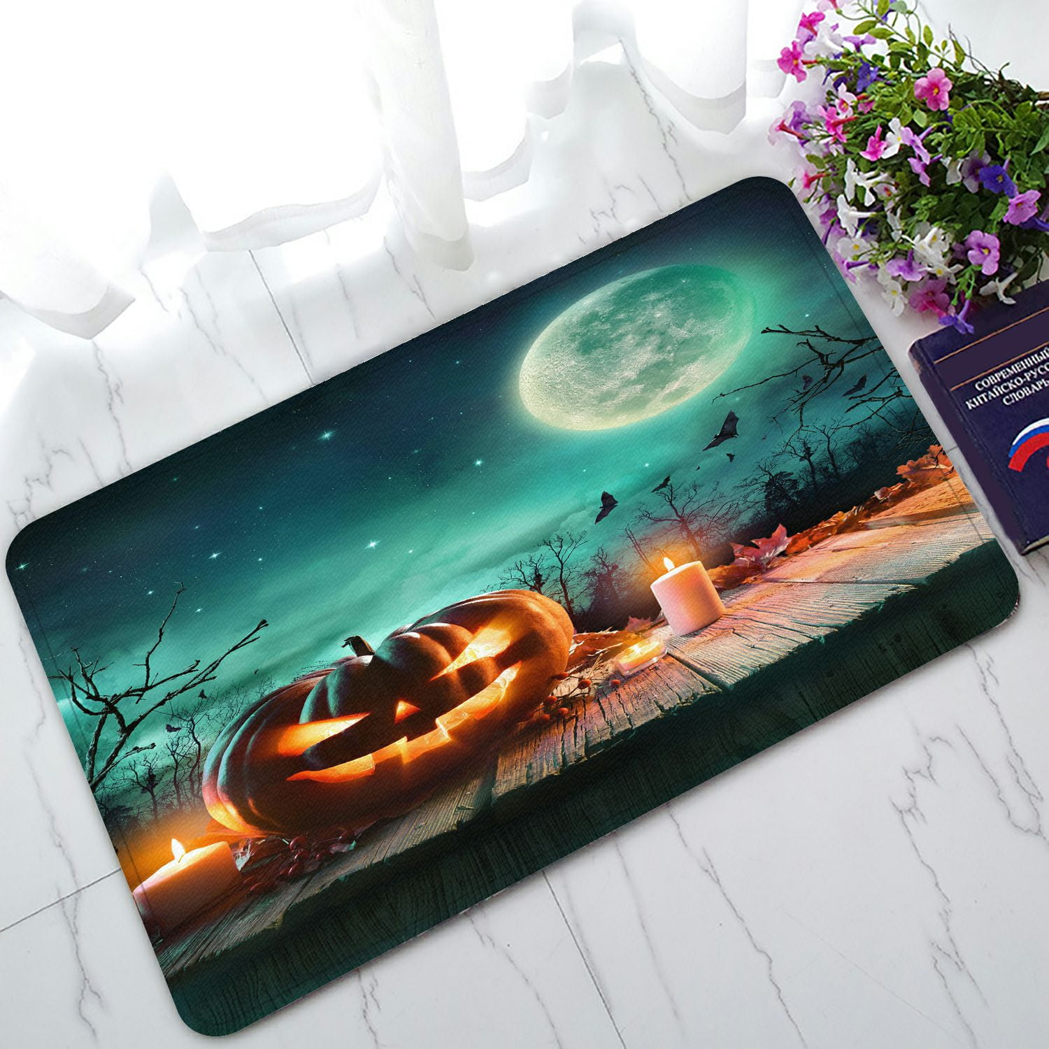 ABPHQTO Halloween Pumpkin Wooden Plank Candles Spooky Night Doormat ...