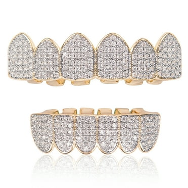 LNGOOR 18K Gold Plated Grillz, Iced Out Hip Hop Poker Diamond Grills ...