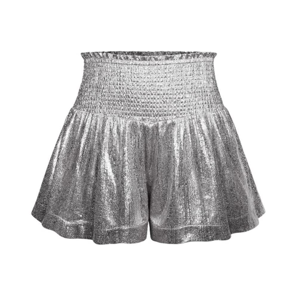 HAORUN Women Shiny Shirred Wide Leg Shorts Ruffle Elastic High Waist ...