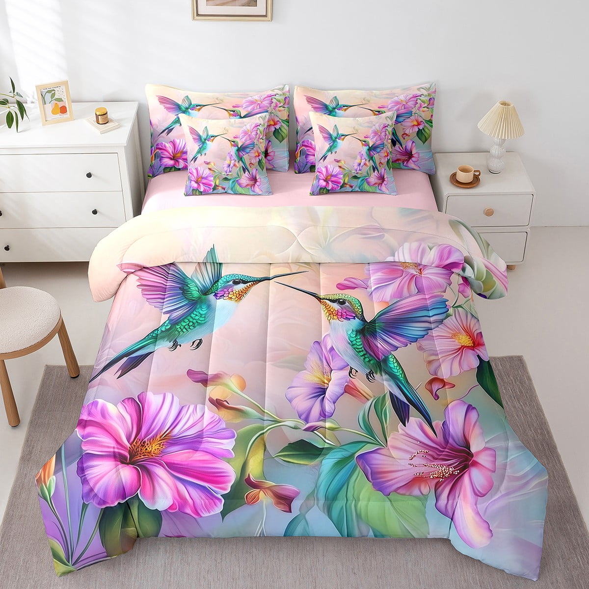 Erosebridal Hummingbird Print Bed in a Bag King size, Purple Floral Bed ...
