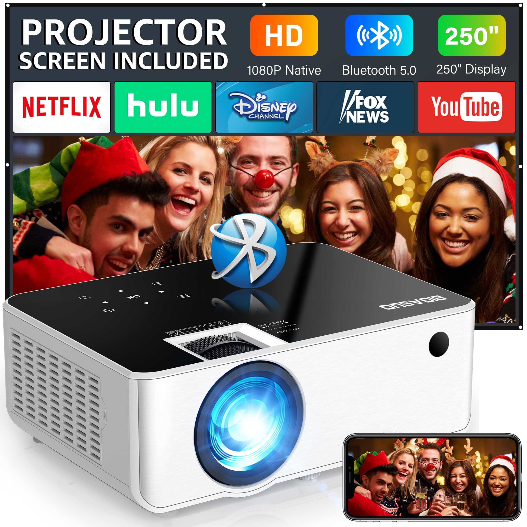 Native 1080P Bluetooth Projector - 250" Outdoor Movie Projector with ...