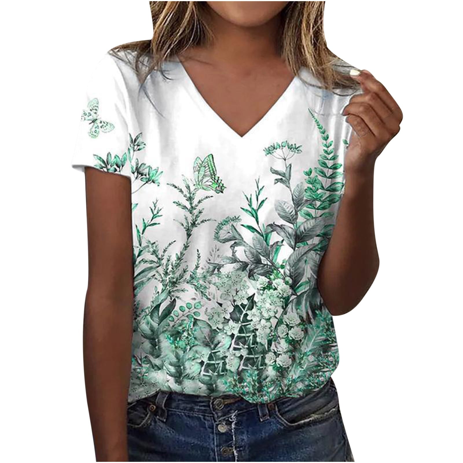 Click here for Juranmo Floral Print V-Neck T Shirts For Women Cas... prices