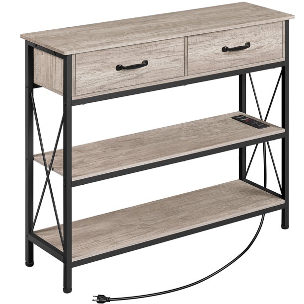 SMILE MART 3 Tier Console Table with Power Outlet 2-Drawers & 2-Shelves ...