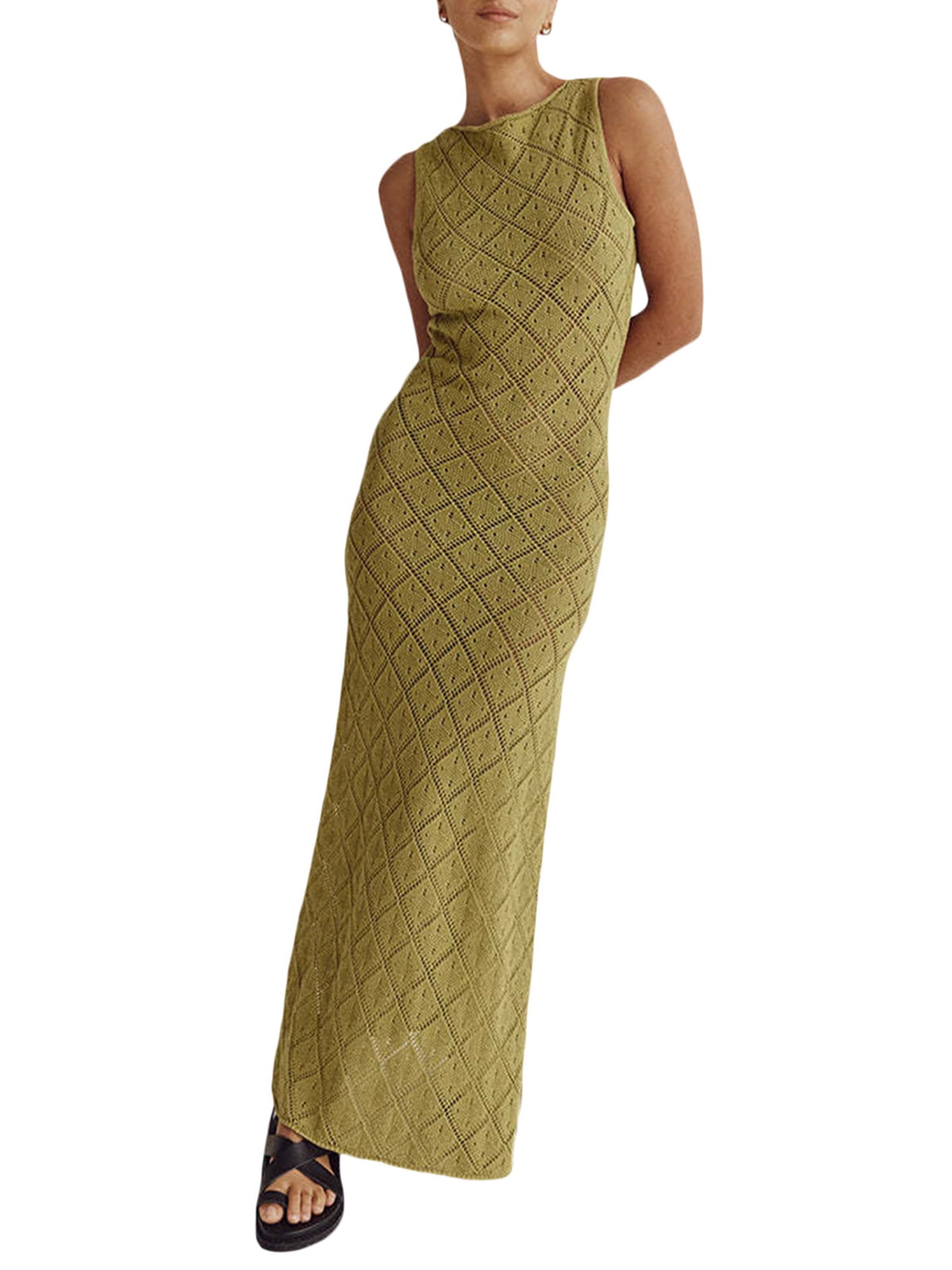 Aunavey Women Crochet Knit Maxi Dresses Y2K Hollow Out Long Dresses ...