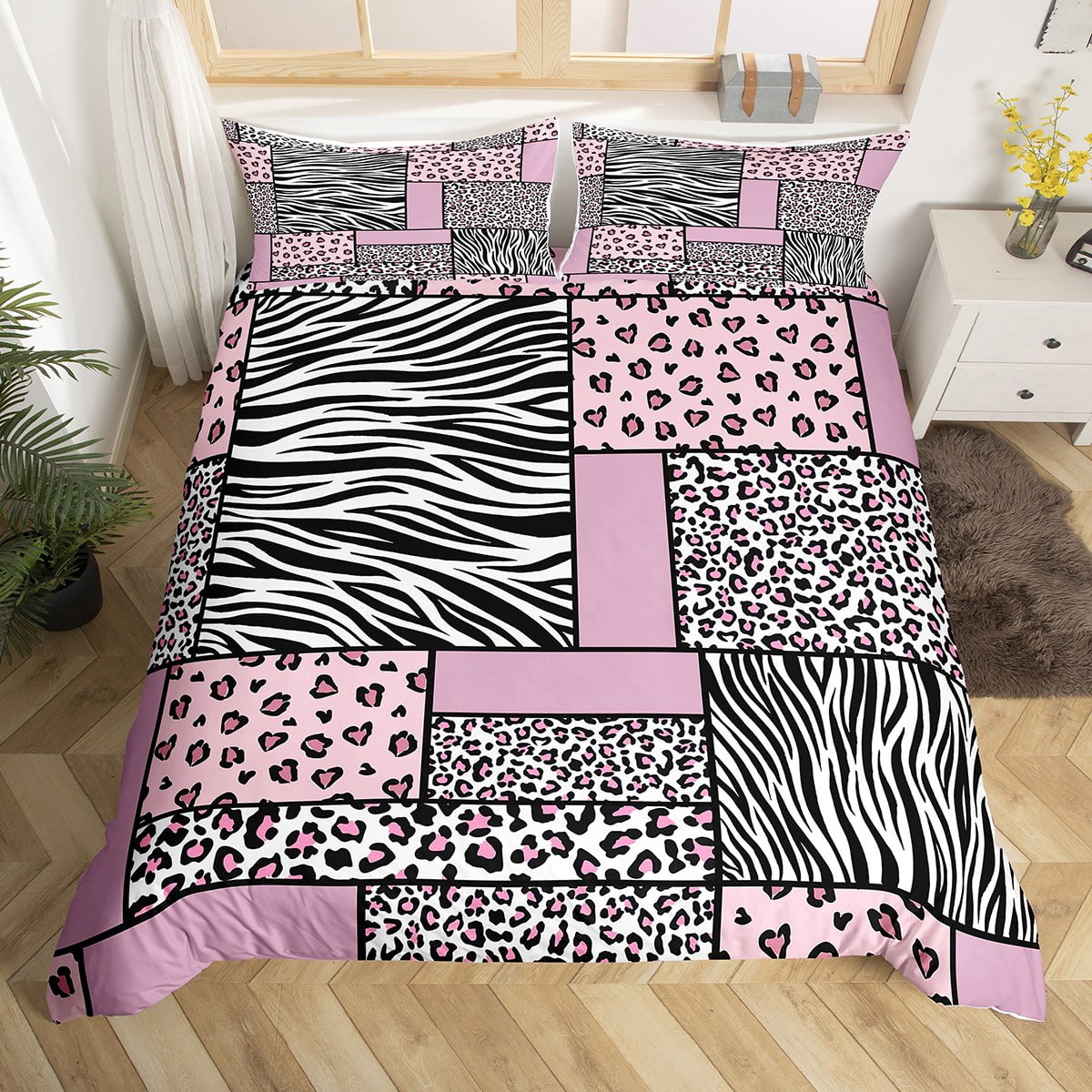 Animal Print Comforter Cover Pink Black White Bed Set, Leopard Cheetah ...
