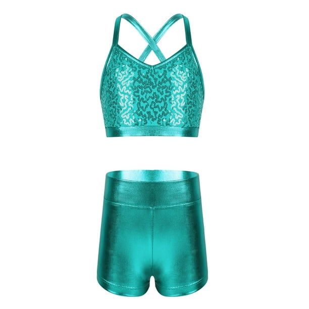 iiniim Kids Girls Shiny Metallic 2 Piece Dance Sports Gym Outfit Crop ...
