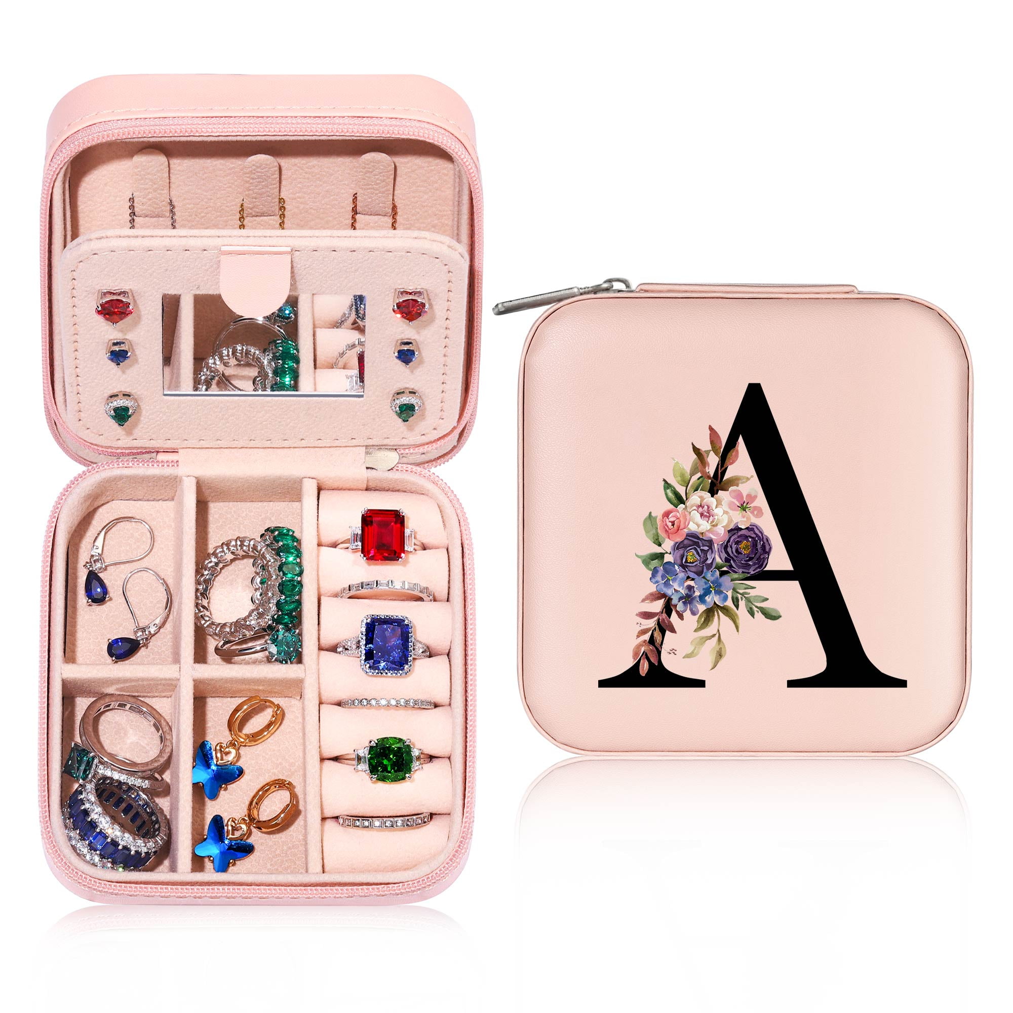 IEFSHINY Initial Travel Jewelry Box for Women Girls PU Leather Portable ...