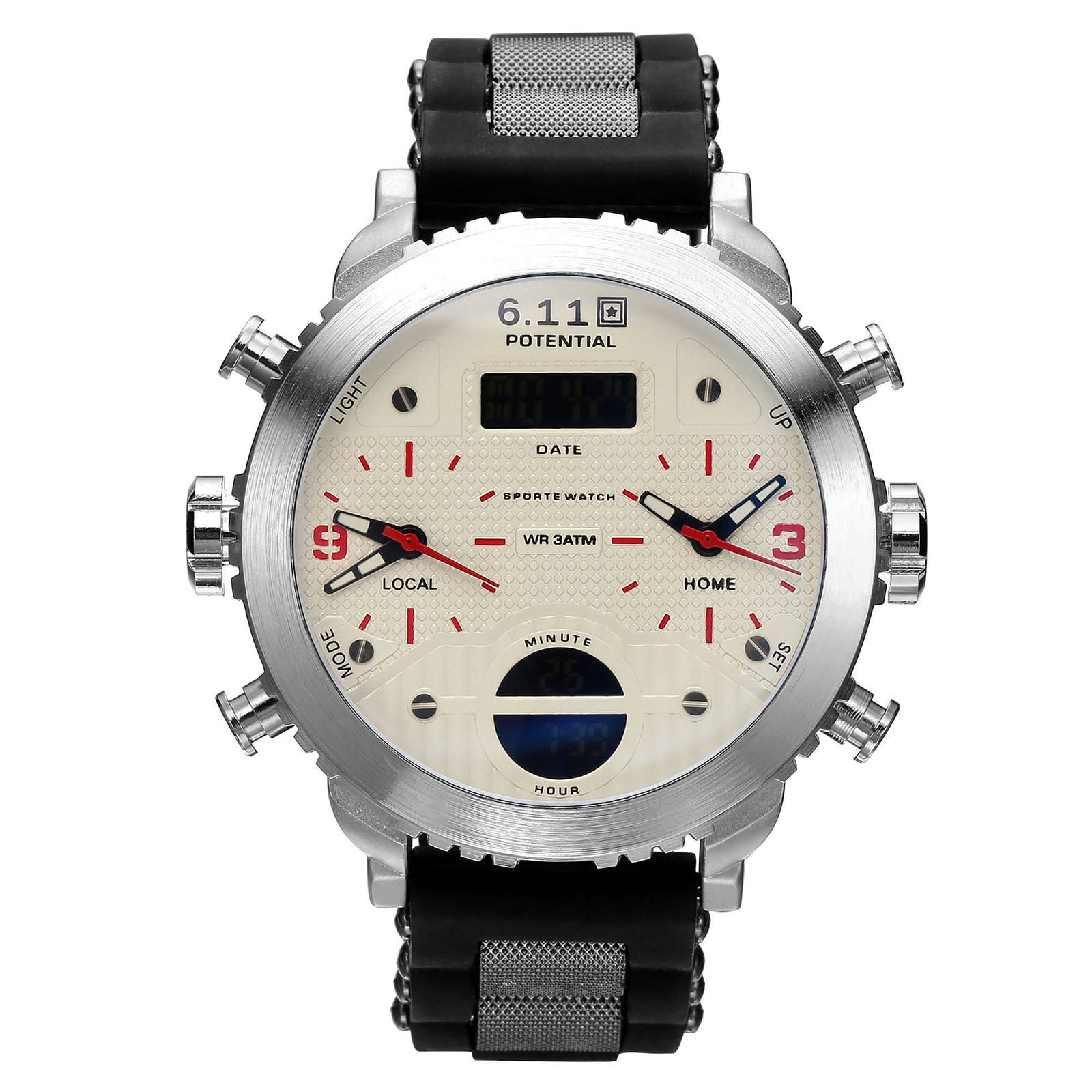 Mens Luminous Quartz Digital Wrist Watch White Dial Silver Case Rubber ...