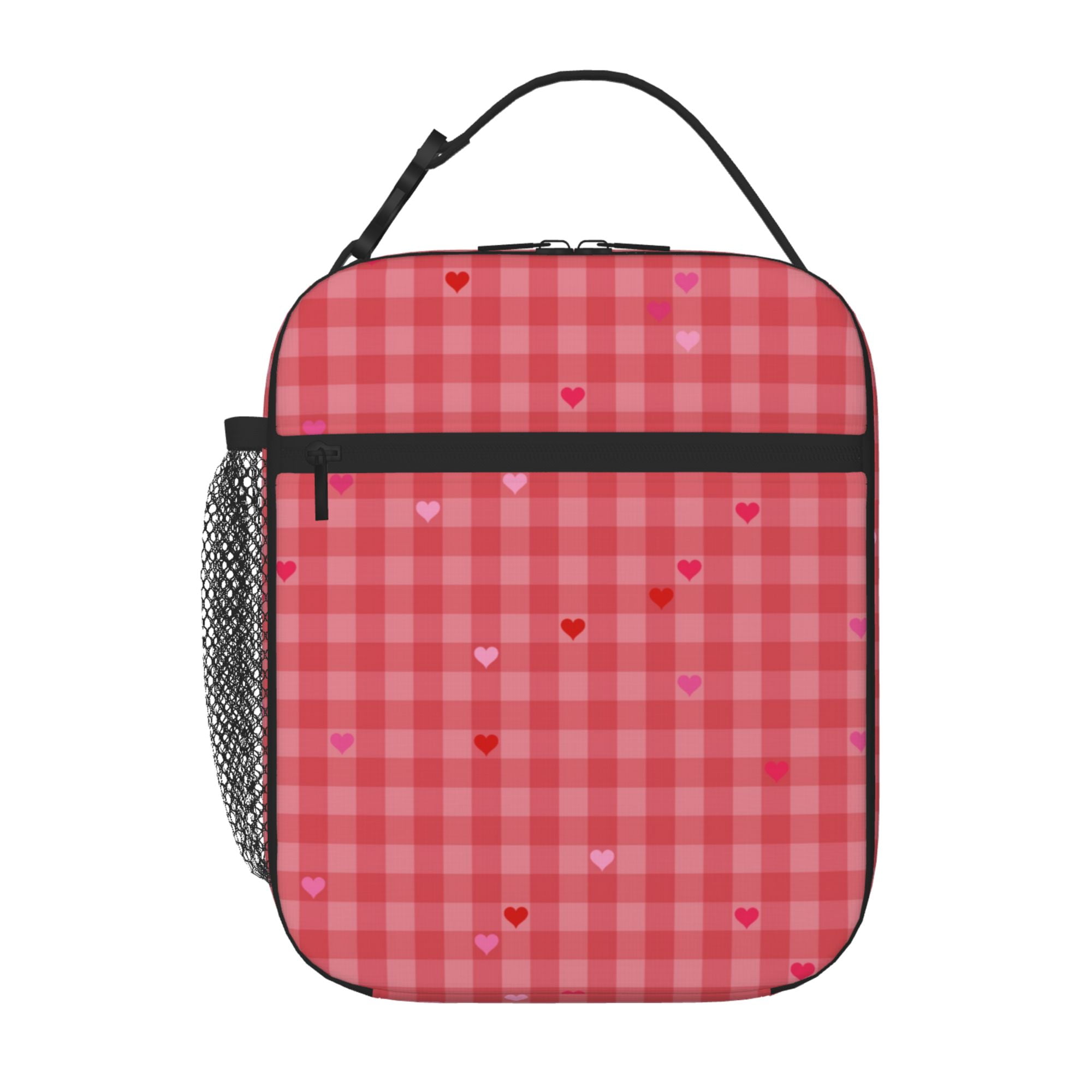 TEQUAN Portable Lunch Bag, Red Hearts Love Checkered Pattern Reusable ...