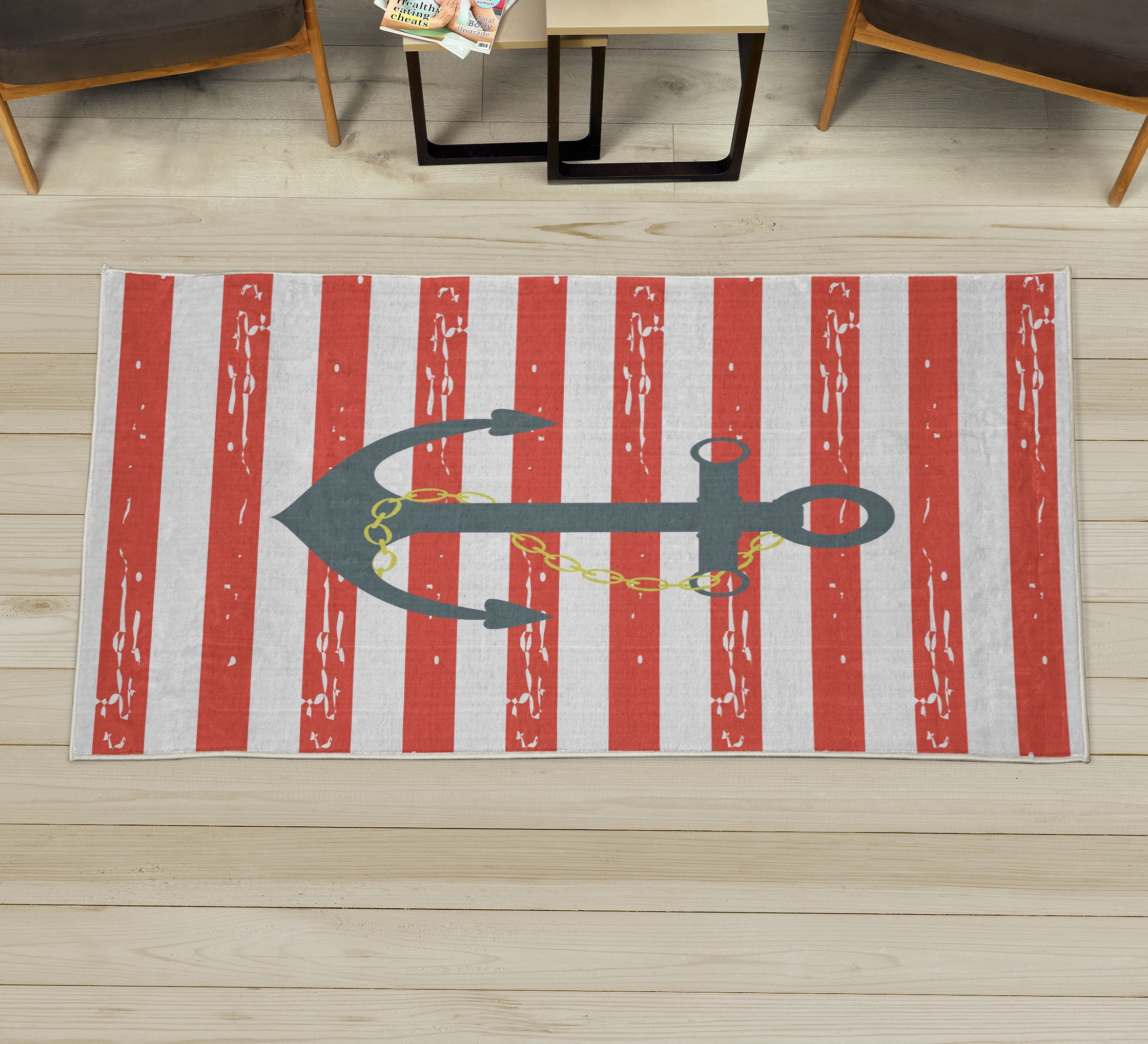 Striped Decorative Rug, Ship Anchor Chain Marine Life Inspired Lines ...