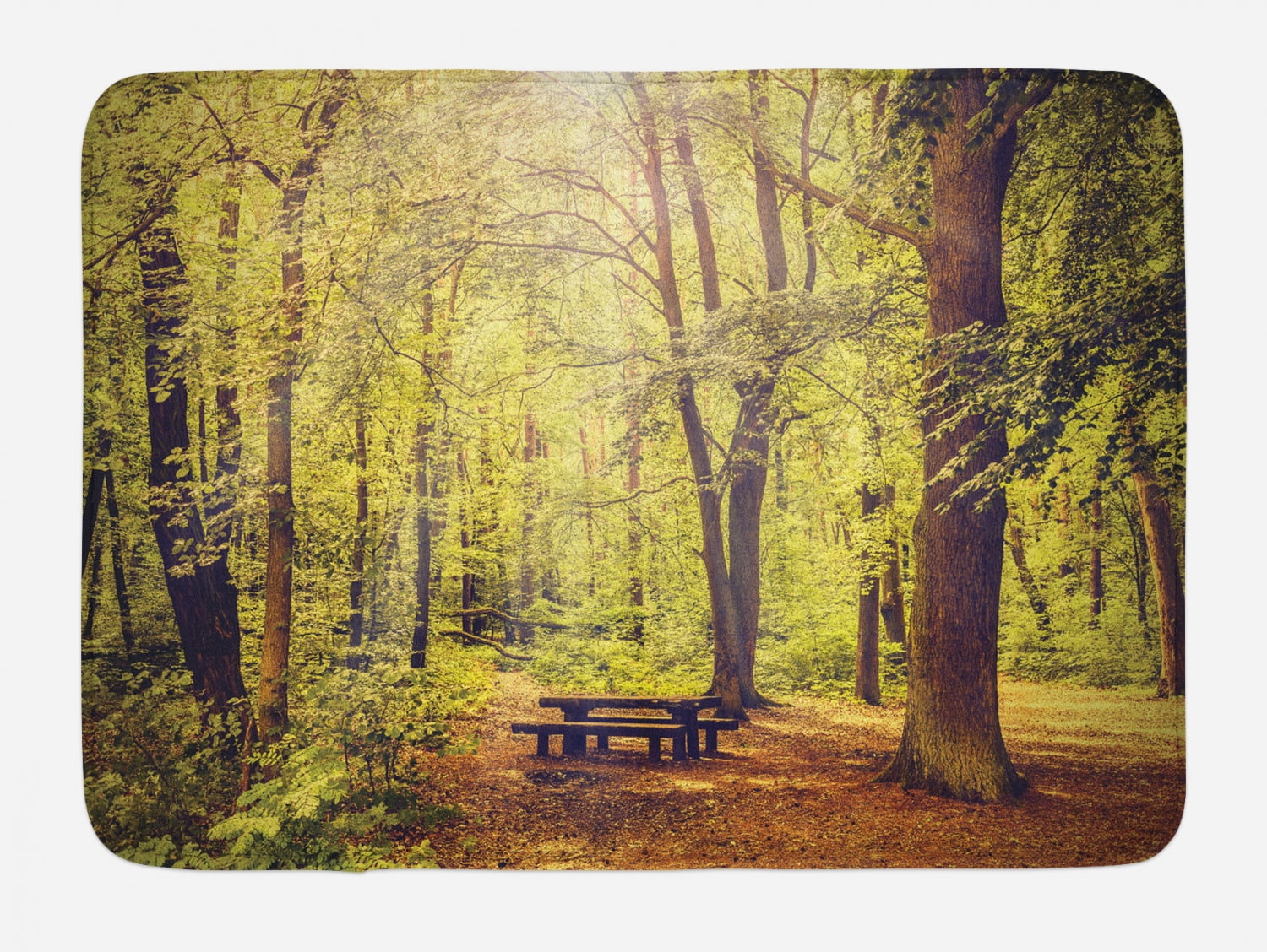 Forest Bath Mat, Picnic Table in the Forest Foliage Greenery Nature ...