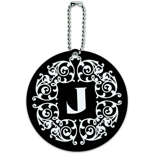Letter J Initial Black White Scrolls Round Luggage ID Tag Card for ...