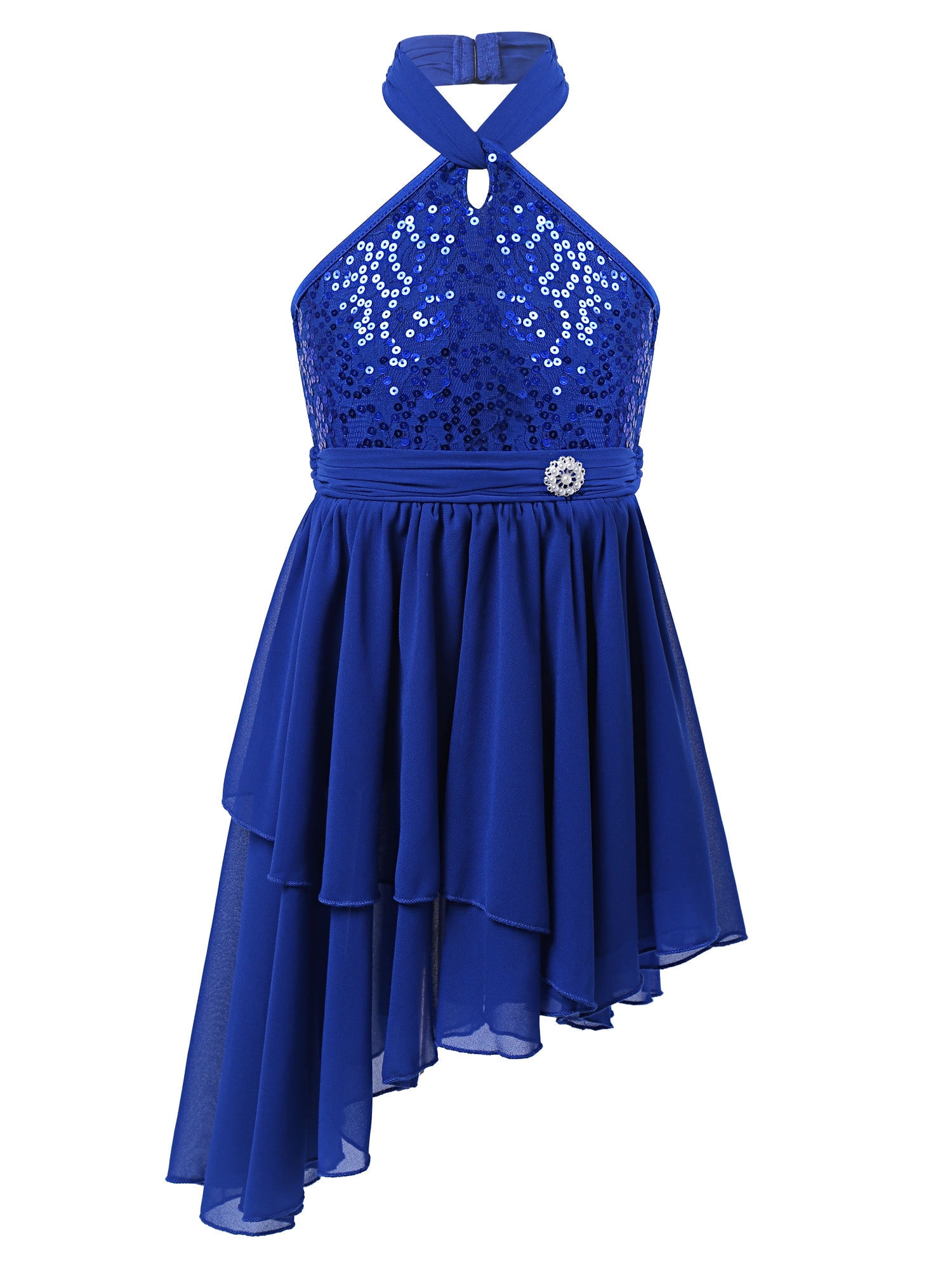 iiniim Girls Dance Dress Sequins Halter Neck Open Back Mesh Dancewear ...