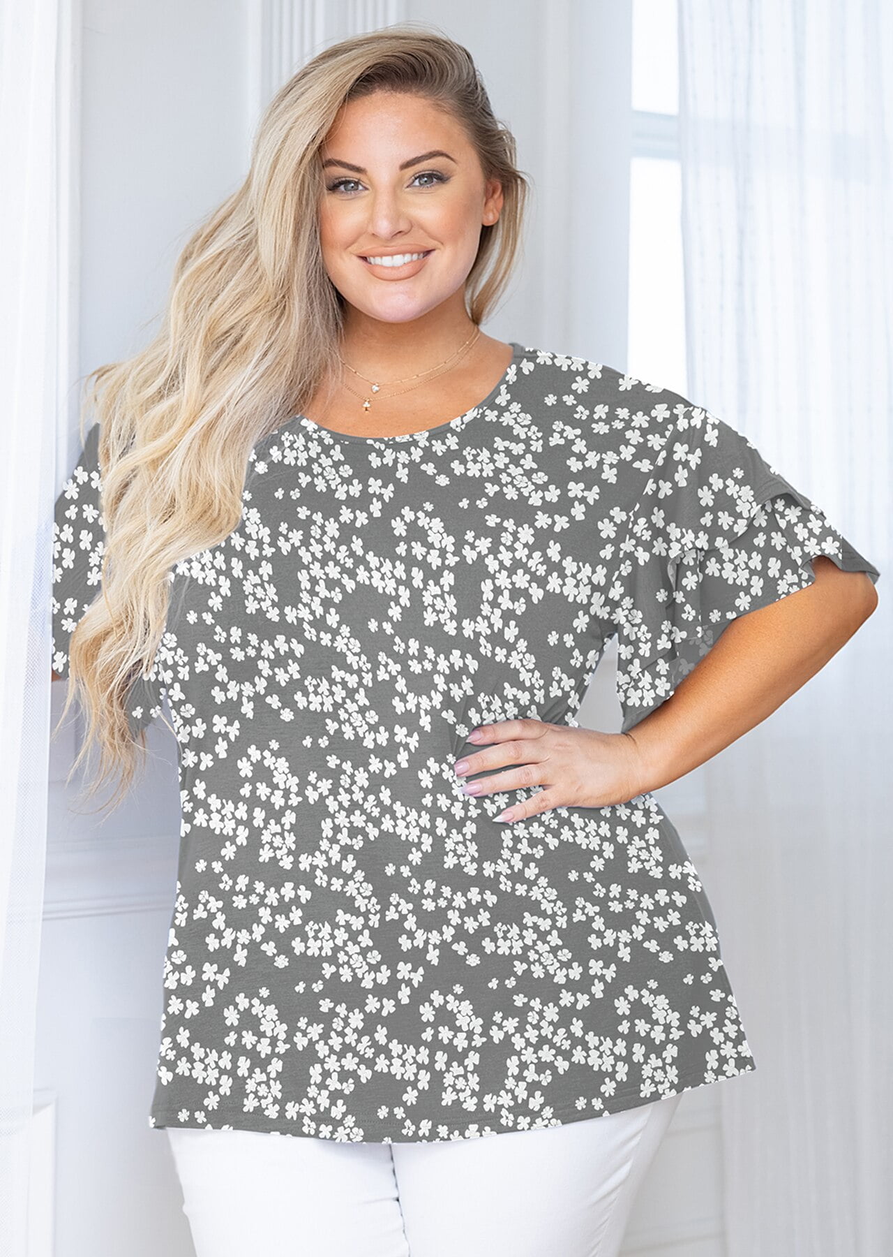 SHOWMALL Plus Size Clothes for Women Double Ruffle Short Sleeve Grey ...