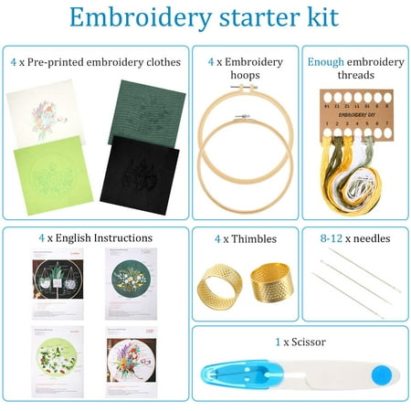 4 Sets Embroidery Starter Kit Full Range of Floral Embroidery Tool Kit ...